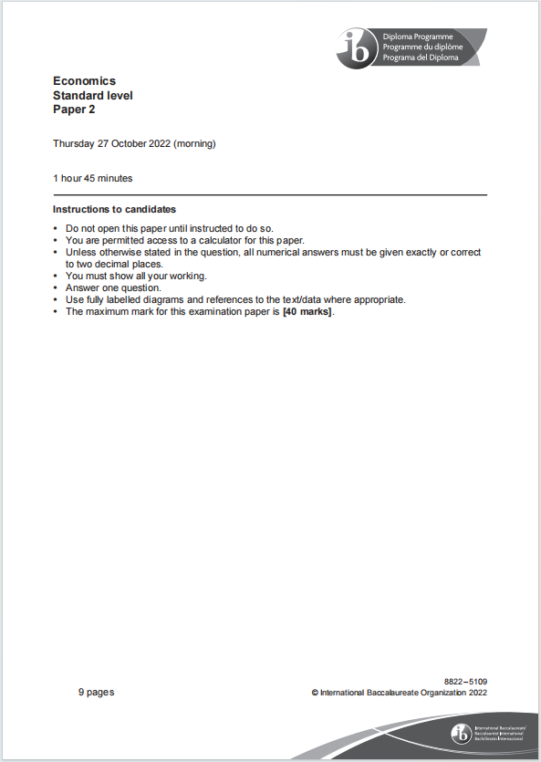 IB经济学2022年真题下载《IB Economics Standard level Paper 2 Thursday 27 October ...