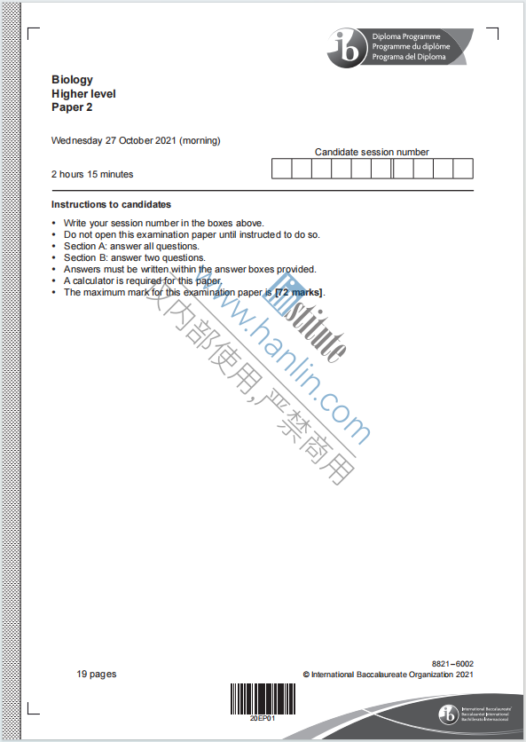 IB生物学2021年真题下载《IB Biology Higher Level Paper 2 Wednesday 27 October 2021》